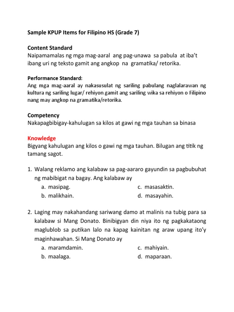 FILIPINO Sample KPUP Items For Gr1 & Gr7 L. April 2013 | PDF