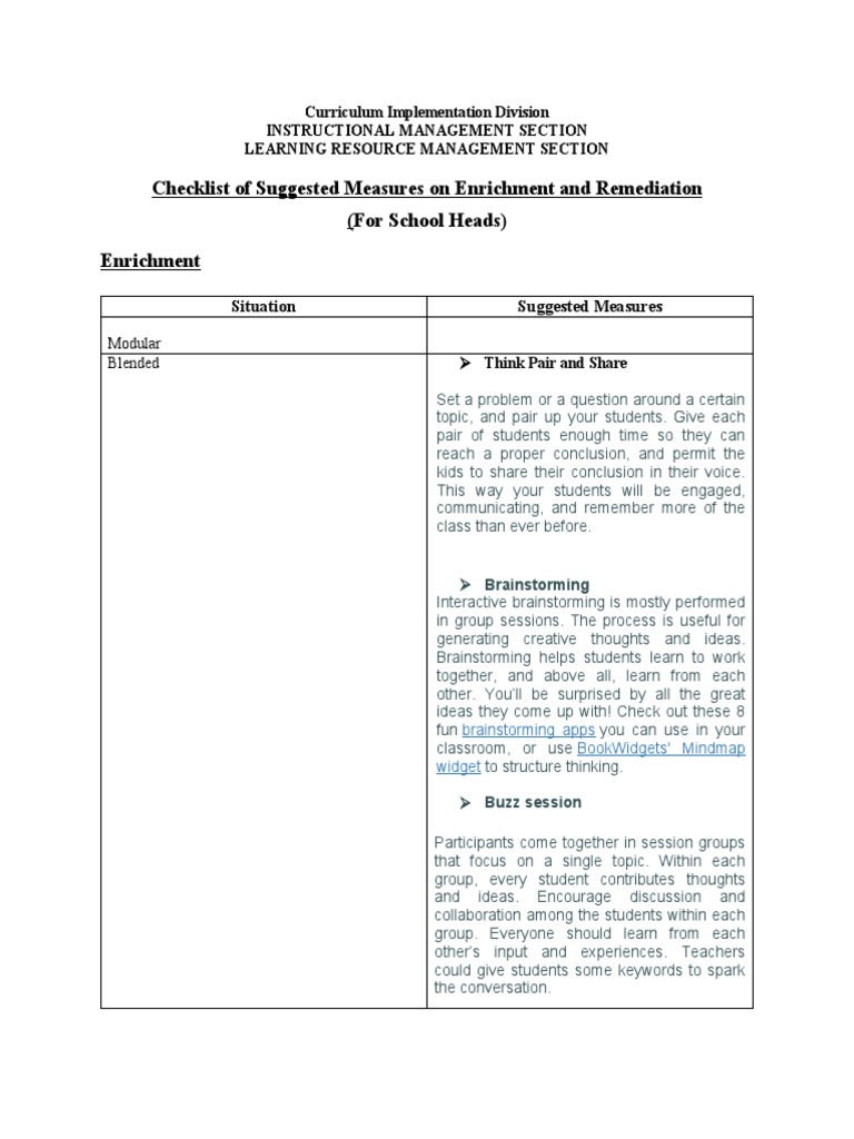 Checklist-Enrichment and Remediation | PDF | Brainstorming | Online And ...
