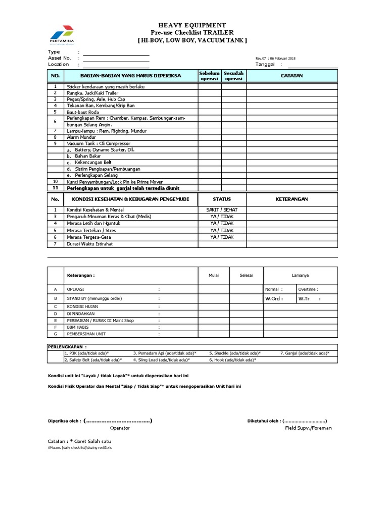 Pre-Use Checklist Trailer (Hi-Boy, Low Boy, Vacuum Tank) | PDF