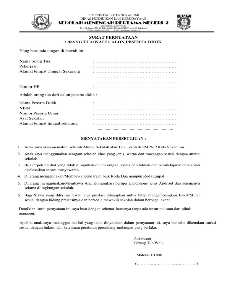 Surat Pernyataan Perjanjian Siswa | PDF