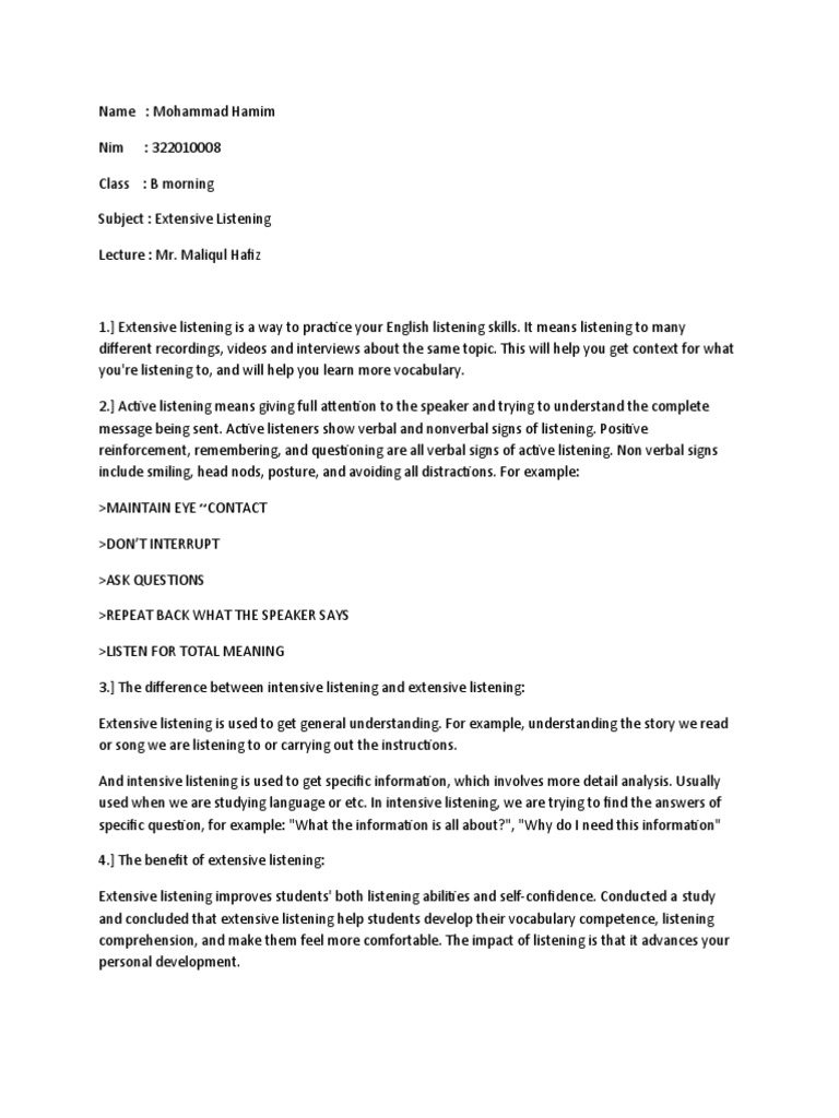Mohammad Hamim (322010008) Extensive Listening | PDF | Nonverbal Communication | Behavior ...
