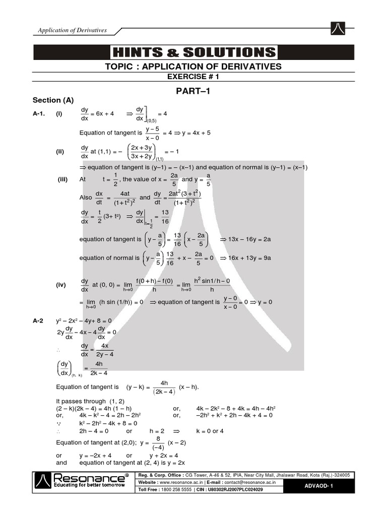 Application of Derivatives Exercises | PDF | Slope | Tangent