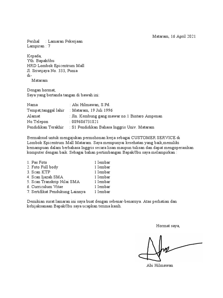 Surat Lamaran-Abi Hilmawan-CS | PDF