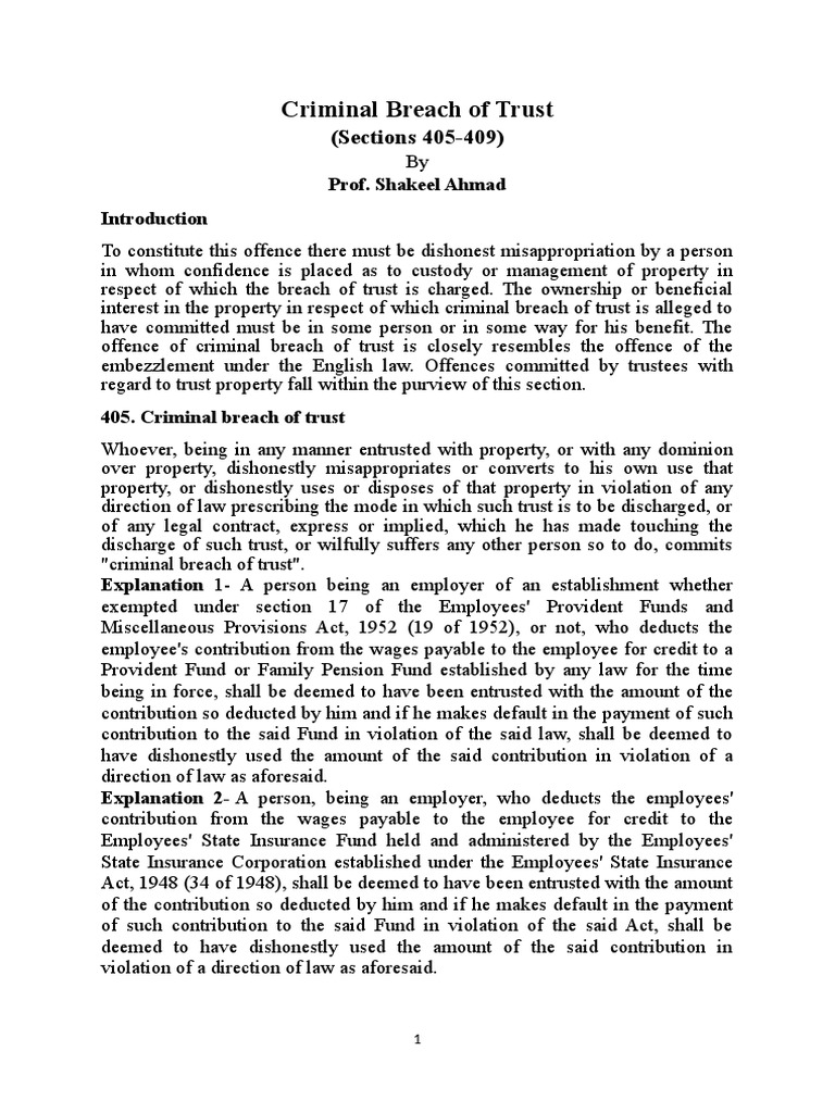 Criminal Breach of Trust: (Sections 405-409) | PDF | Trust Law ...