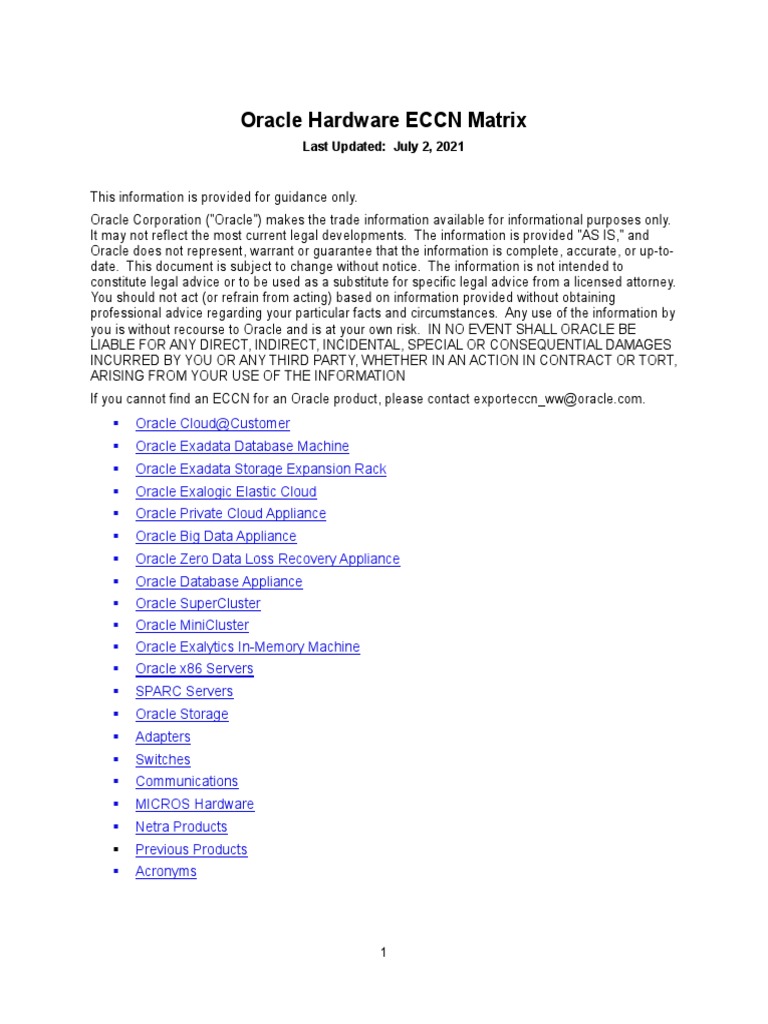 Oracle Hardware ECCN Matrix | PDF | Oracle Corporation | Computer Data ...