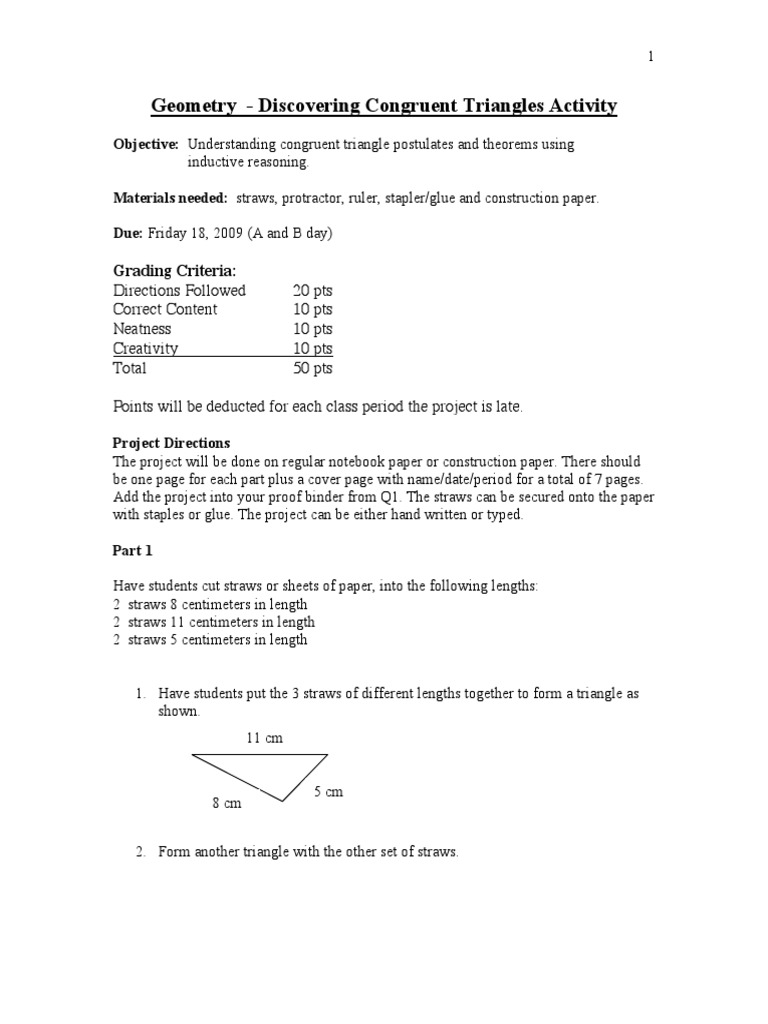 Geometry - Discovering Congruent Triangles Activity: Grading Criteria ...
