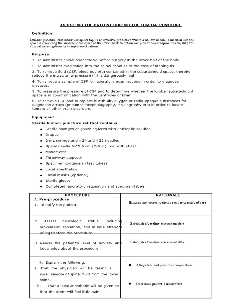 Assisting The Patient During The Lumbar Puncture Definition | PDF ...