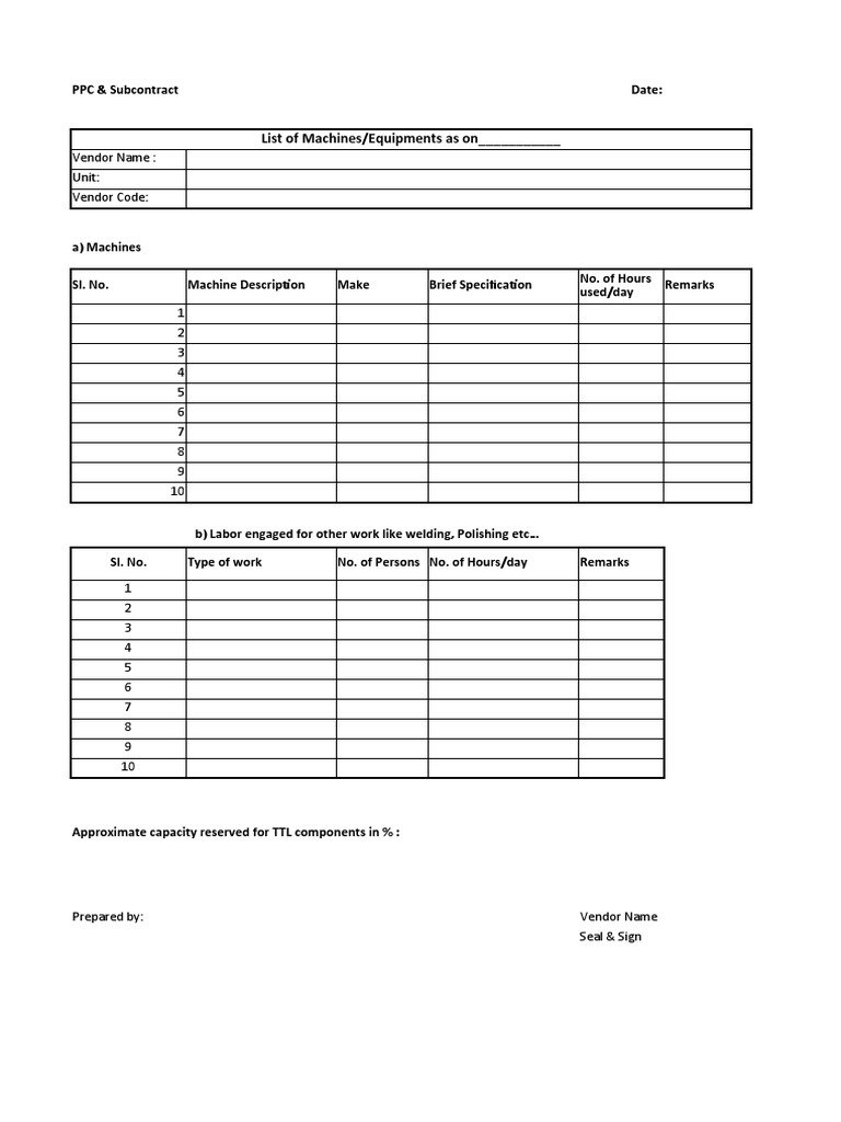 List of Machines/Equipments As On - : Vendor Name: Unit: Vendor Code | PDF