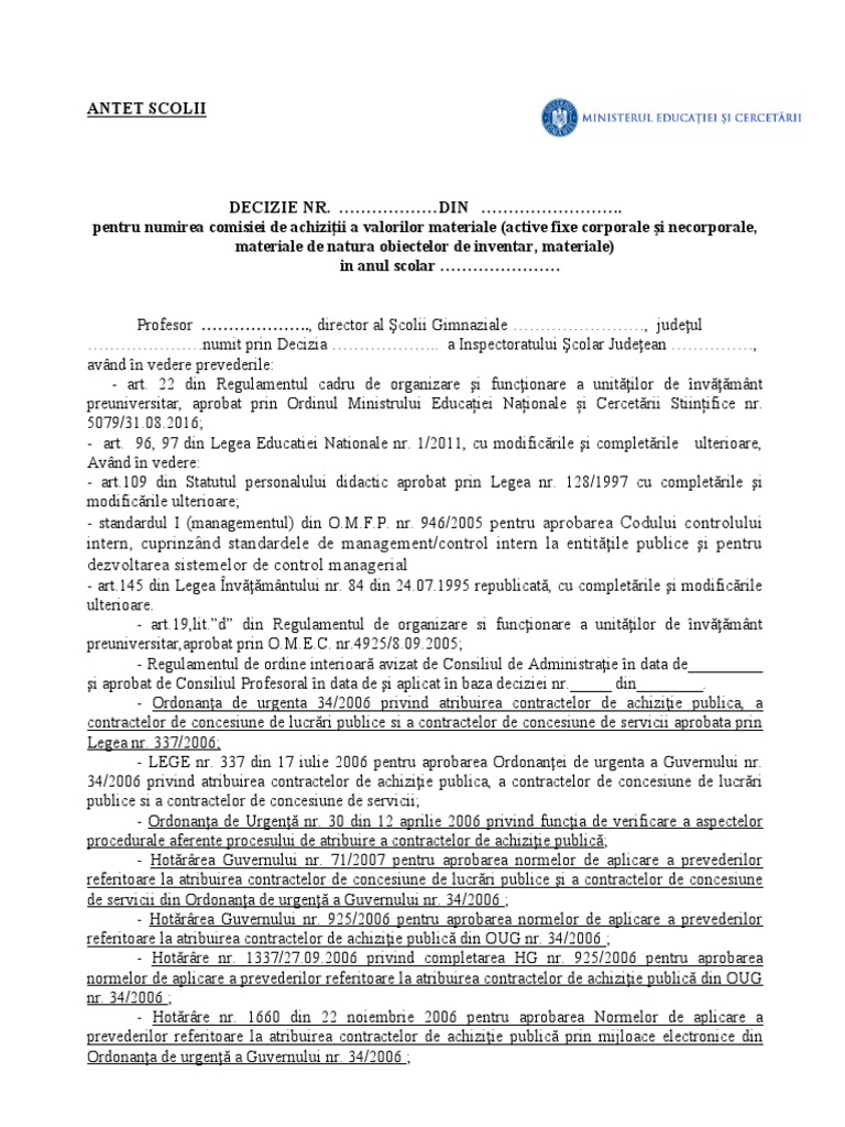 Decizia Privind Comisie Receptie Materiale Si Obiecte de Inventar | PDF