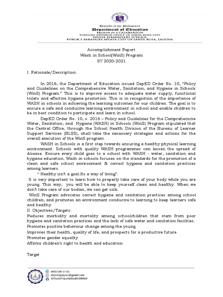 WinS Program Accomplishment Report 2021 | PDF | Wash | Hand Washing