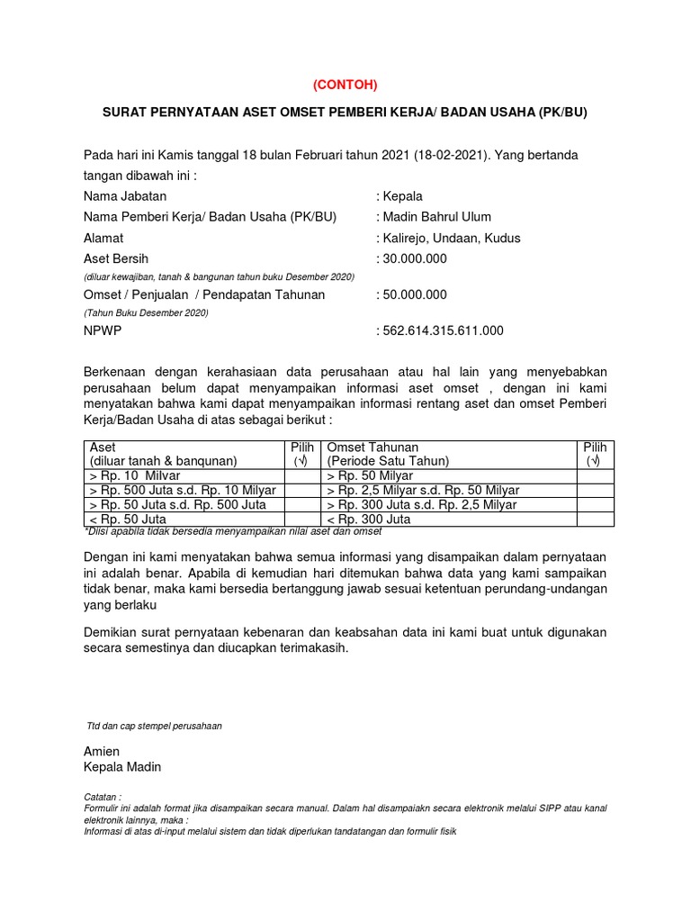 (Contoh) Surat Pernyataan Aset Omset | PDF