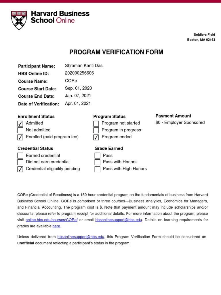 Course Verification Form - CORe Sept 1 2020 Globsyn | PDF