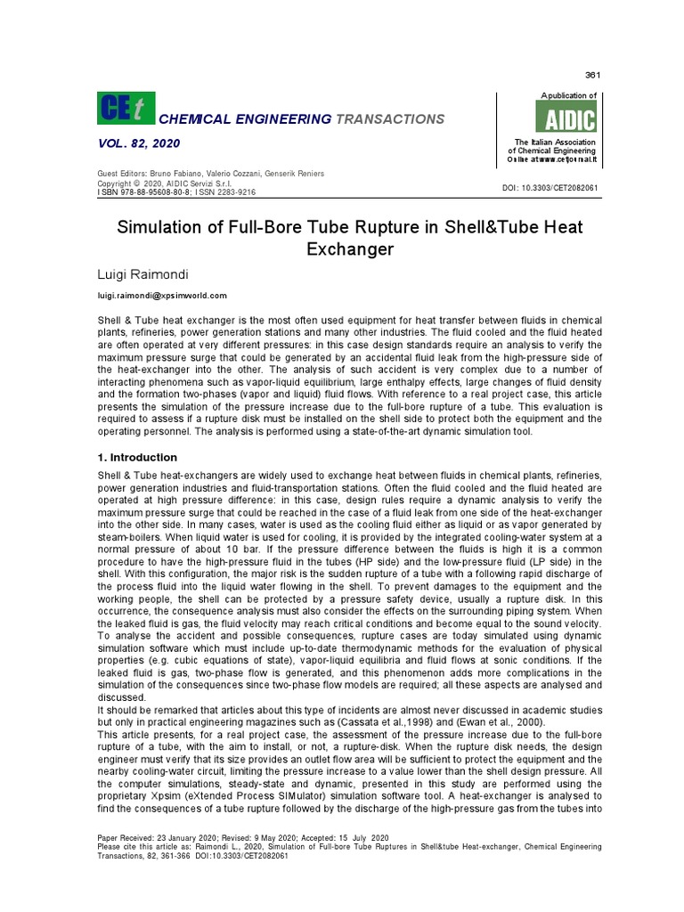 Simulation of Full-Bore Tube Rupture in Shell&Tube Heat Exchanger ...