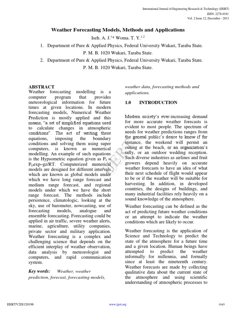 Weather Forecasting Models Methods and Applications IJERTV2IS120198 ...