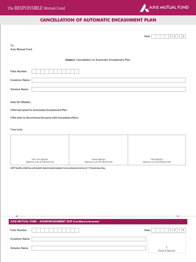 Axis - Cancellation of Automatic Encashment Plan-Form | PDF
