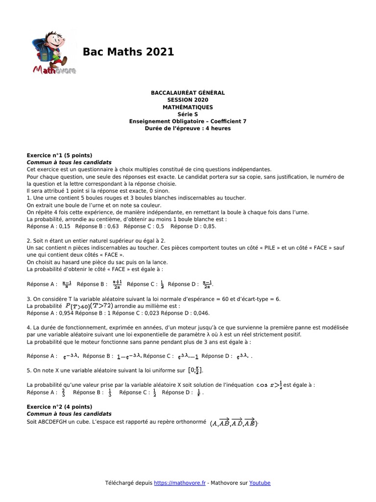 Bac Maths 2021 : Épreuves et Exercices | PDF | Courbe | Coordonnées ...