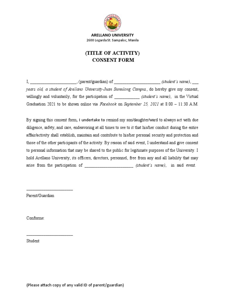 (Title of Activity) Consent Form: Arellano University | PDF