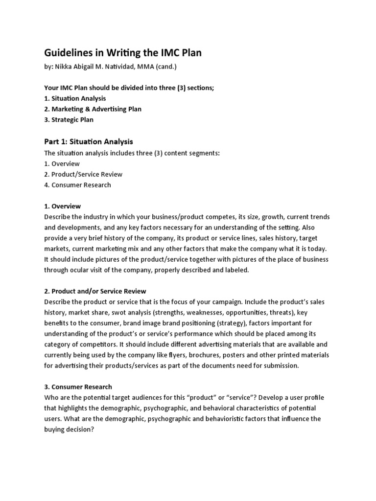 Guidelines in Writing The IMC Plan - UPDATED | PDF | Target Audience ...