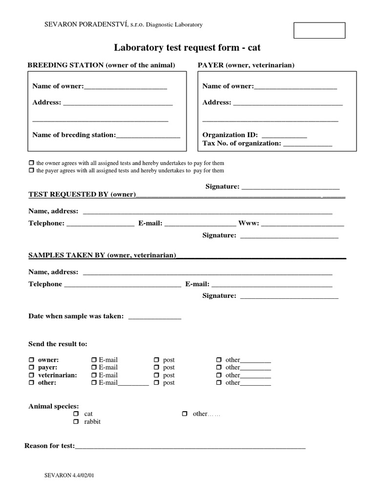 Laboratory Test Request Form - Cat: Sevaron Poradenství, S.R.O | PDF ...