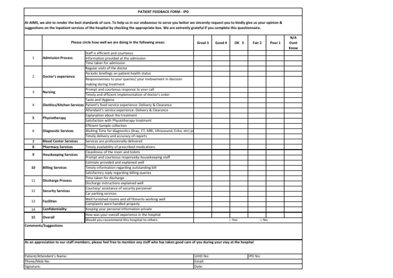 IPD Patient Feedback Form | PDF | Patient | Hospital