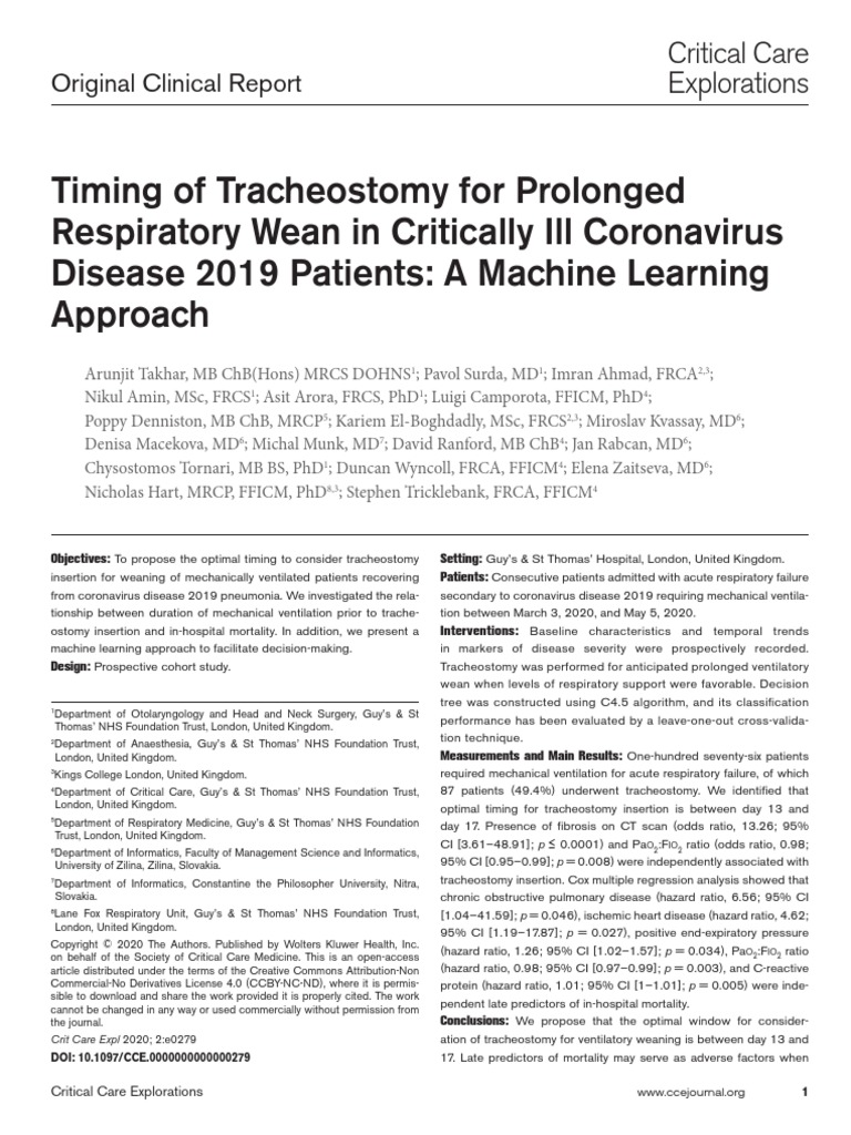 Timing of Tracheostomy For Prolonged Respiratory Wean in Critically Ill ...