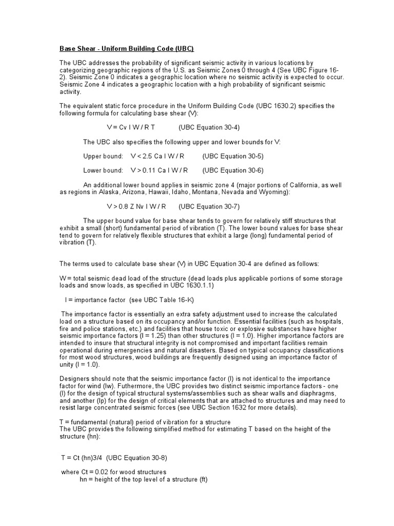 Base Shear - Uniform Building Code (UBC) | PDF | Shear Stress | Gravity