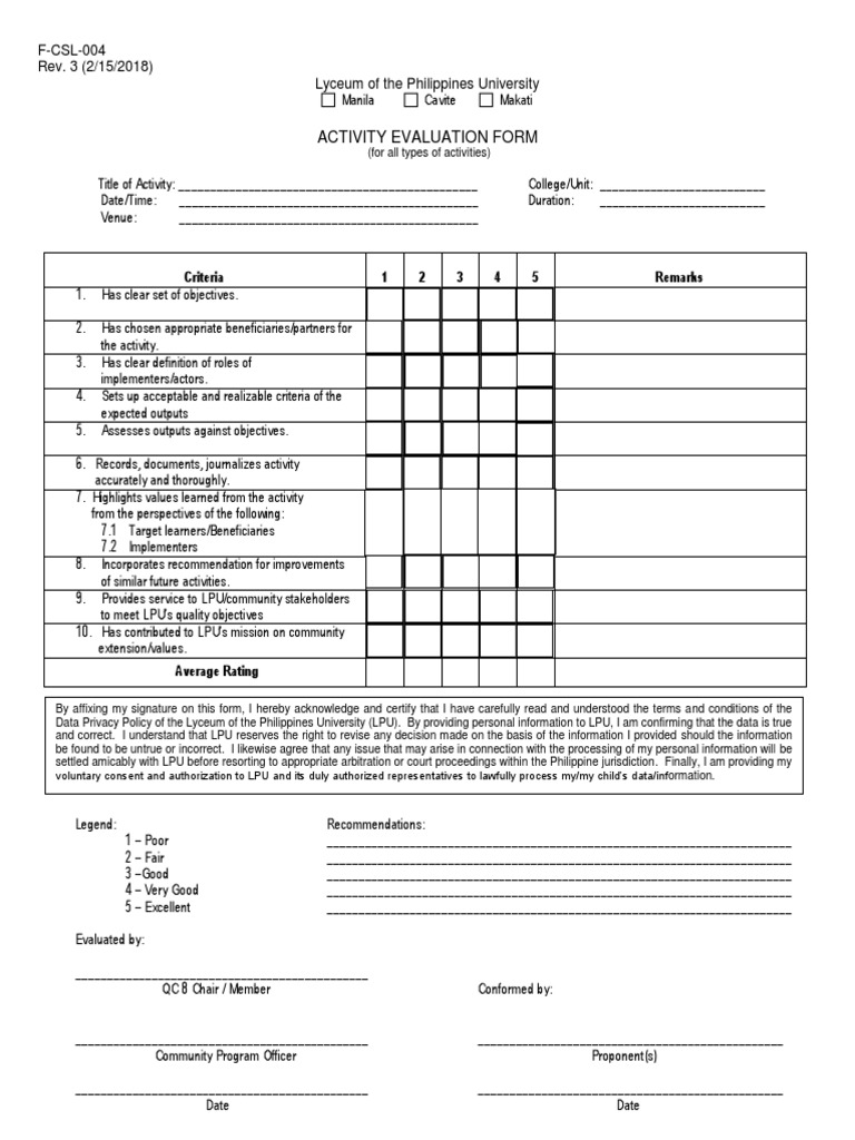 Activity Evaluation Form: Criteria 1 2 3 4 5 Remarks | PDF | Evaluation ...