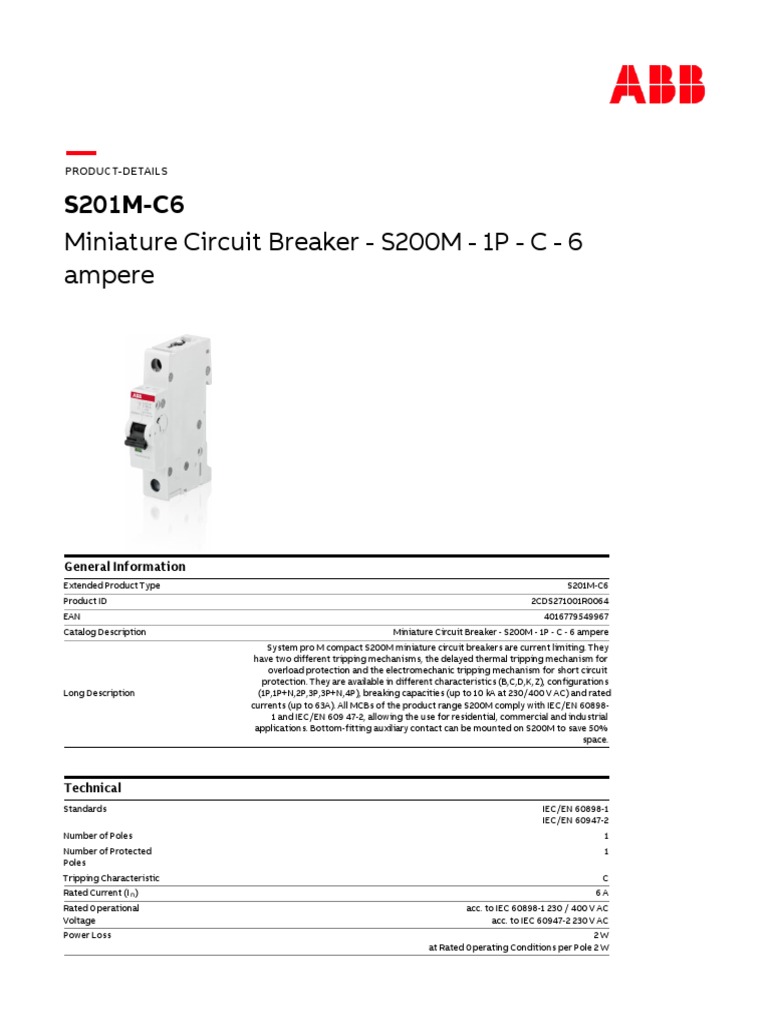 2CDS271001R0064 Miniature Circuit Breaker s200m 1p C 6 Ampere | PDF | Power Engineering ...