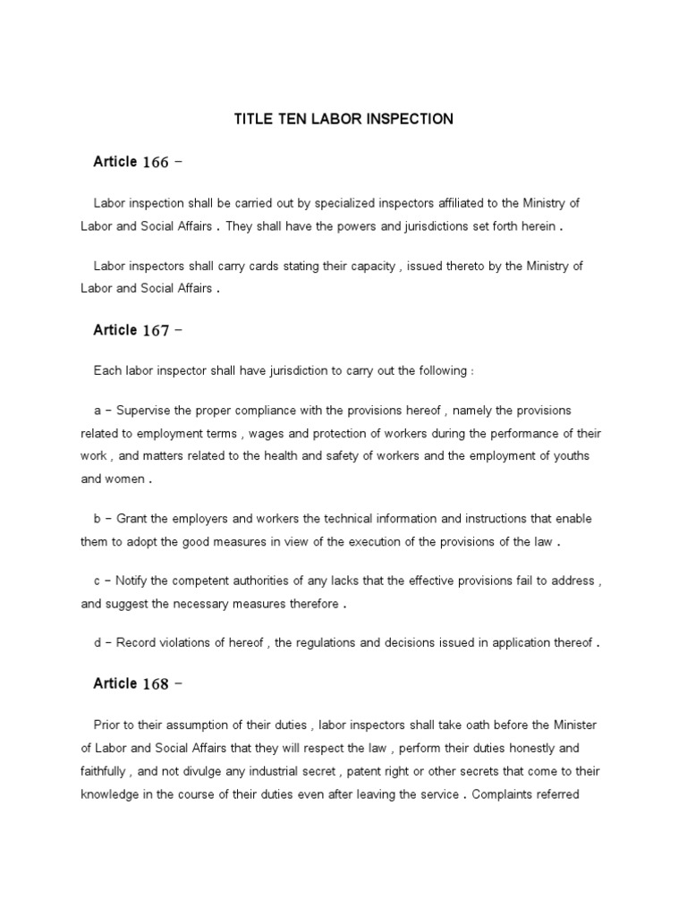 Title Ten (Labor Inspection) | PDF | Employment | Labour Economics