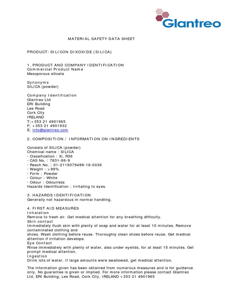 Material Safety Data Sheet Silica | PDF | Silicon Dioxide | Water