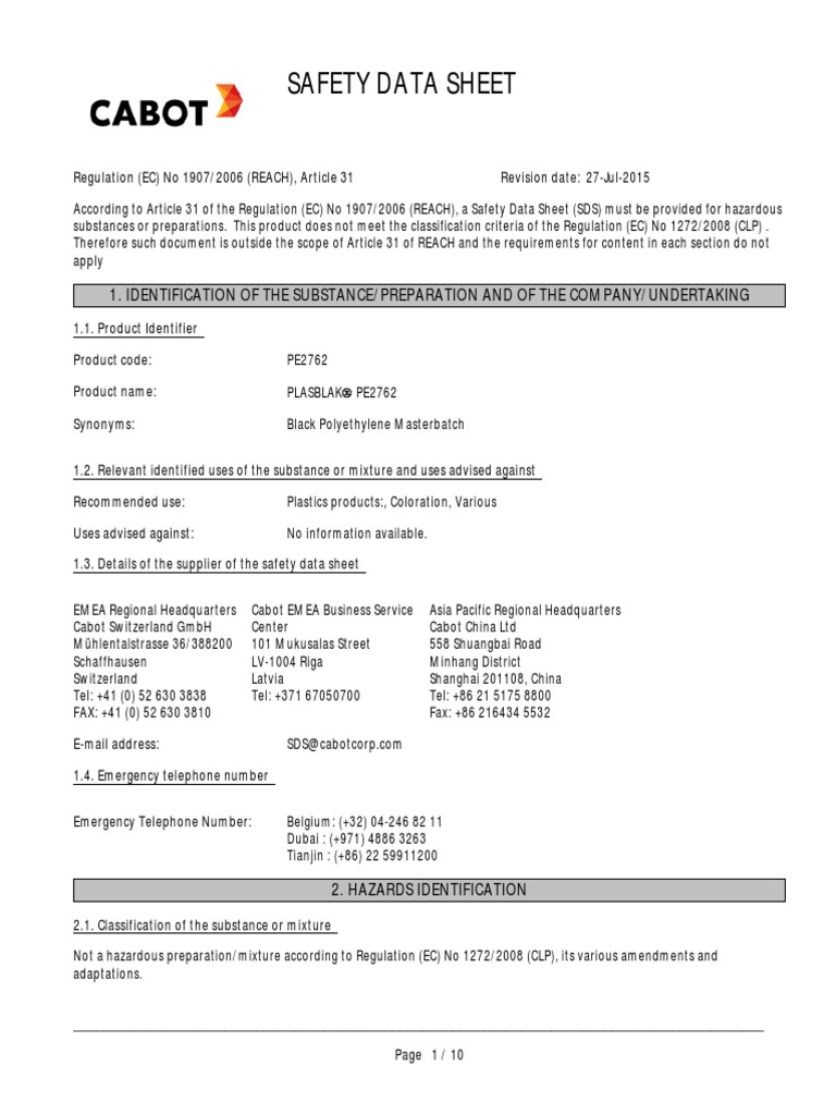 Safety Data Sheet: 1. Identification of The Substance/Preparation and of The Company/Undertaking ...