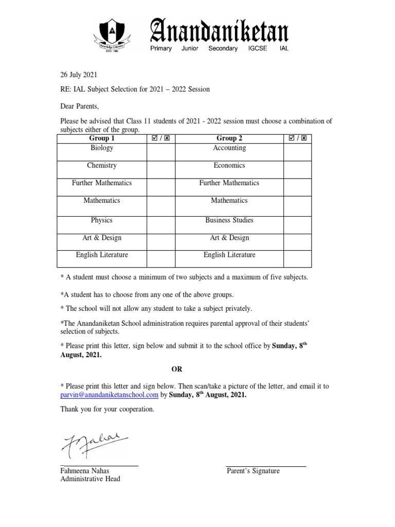 Class 11 Subject Selection Letter | PDF