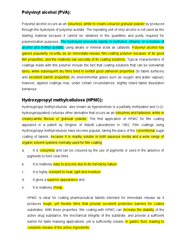 Pva Coating | PDF | Tablet (Pharmacy) | Polyvinyl Chloride