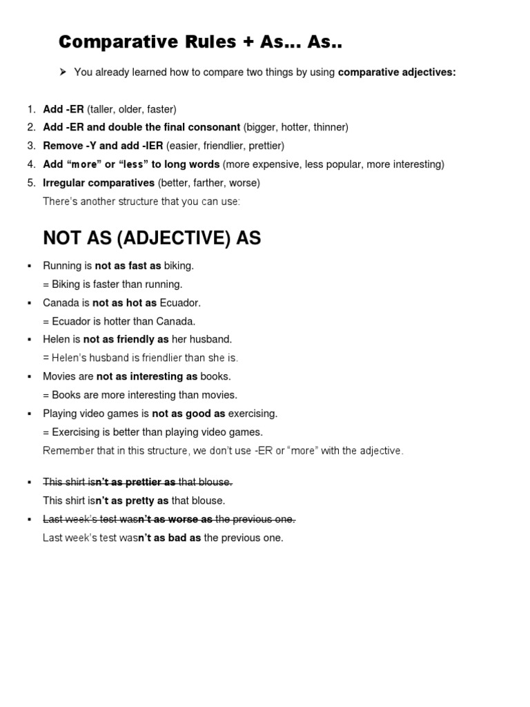 Comparative Rules + As As..: Not As (Adjective) As | PDF | Grammar ...