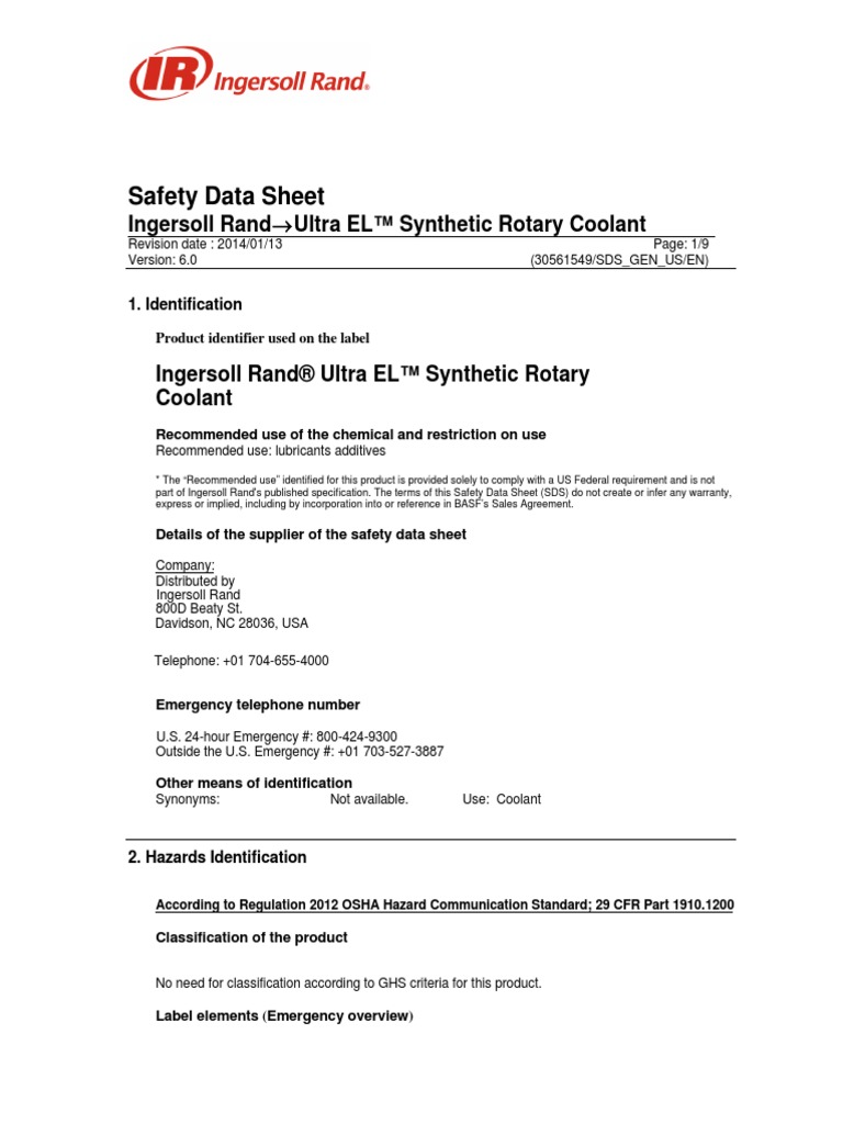 Safety Data Sheet: Ingersoll Rand Ultra EL™ Synthetic Rotary Coolant ...