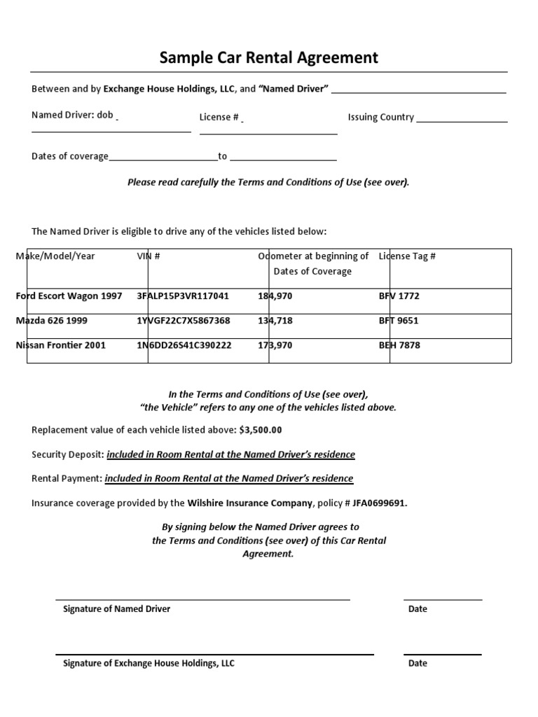 Motor Vehicle Rental Agreement Template