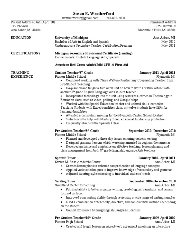 Susan Weatherford's Resume | Tutor | University Of Michigan