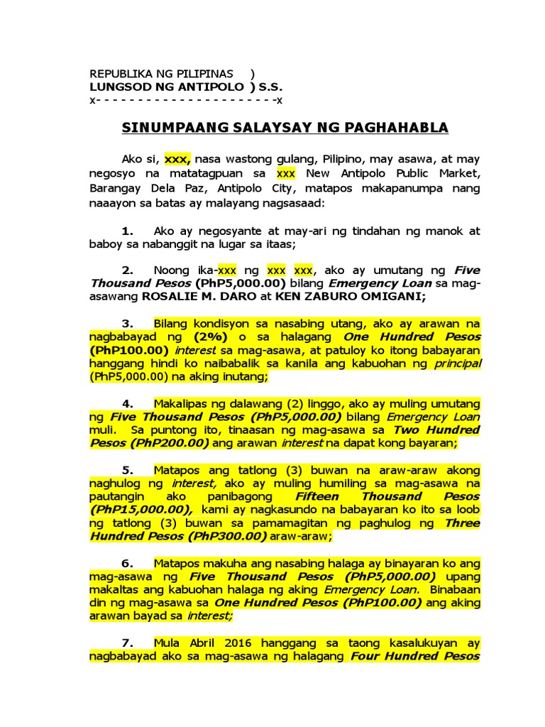 Salaysay NG Paghahabla (Template) | PDF