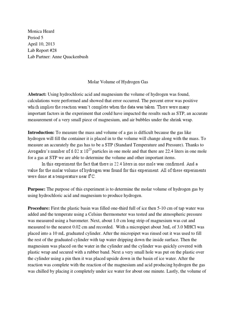 Lab Report 28 Molar Volume of Hydrogen Gas | PDF | Gases | Mole (Unit)
