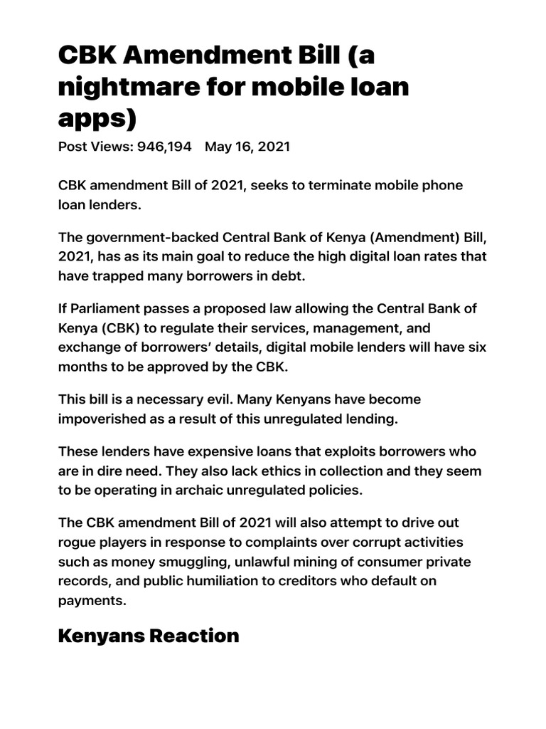 CBK Amendment Bill (A Nightmare For Mobile Loan Apps) - This Is ...