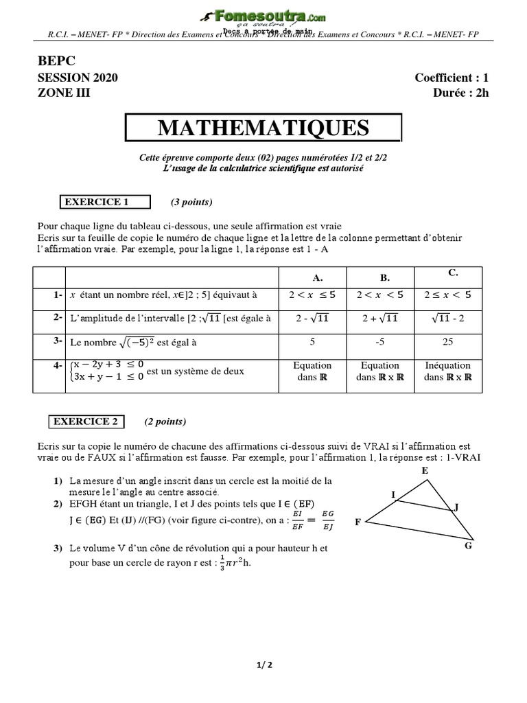 Sujet Corrige Maths Bepc 2020 Zone3 | PDF | Géométrie euclidienne ...