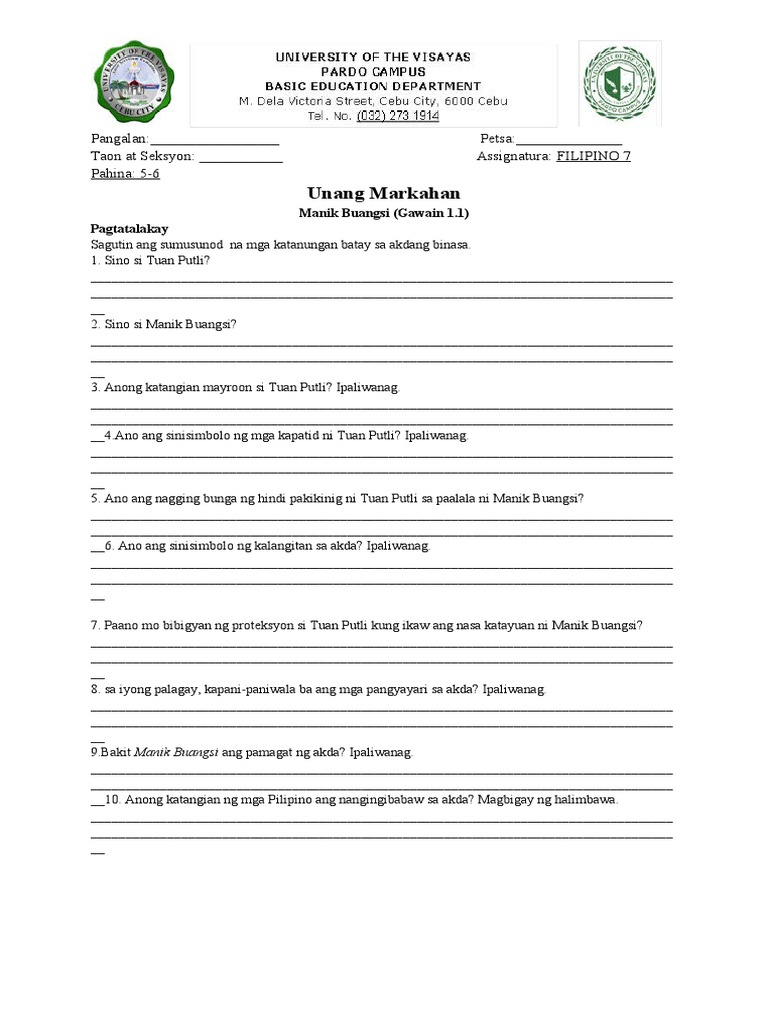 Filipino 7 Worksheets (1ST Quarter) | PDF