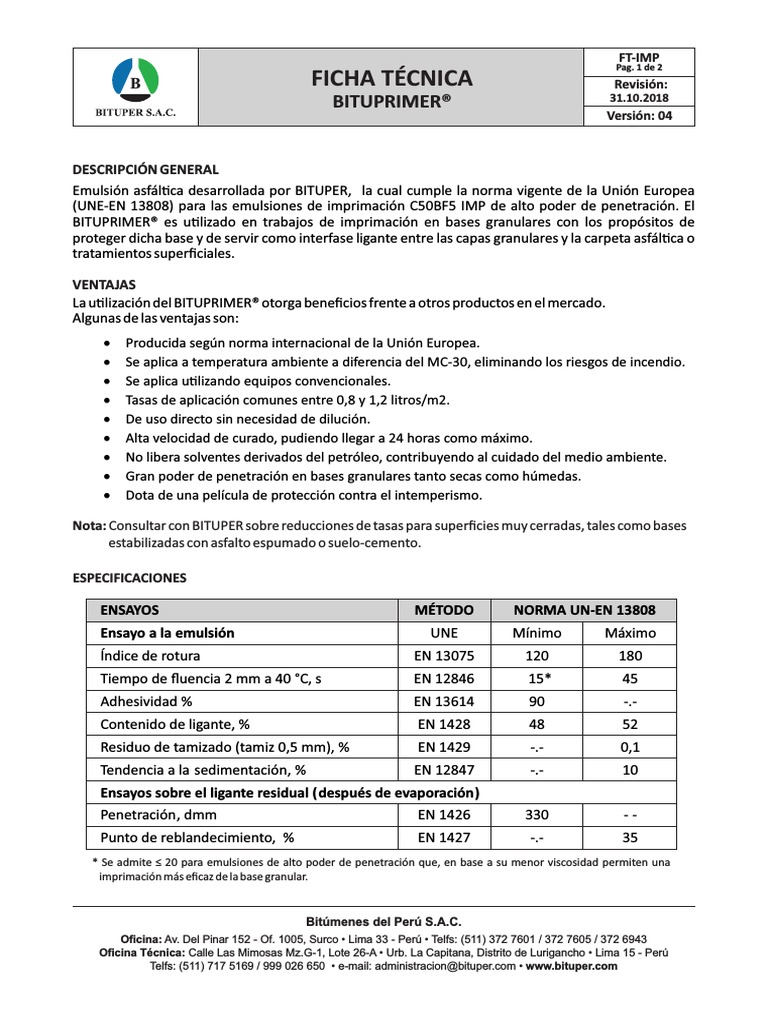 Ficha Técnica Bituprimer | PDF | Química | Ciencias fisicas