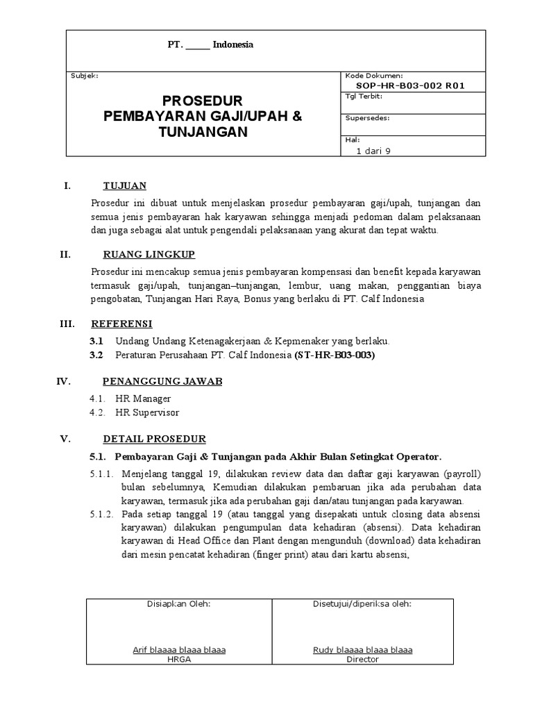 Sop HR b03 002 Pembayaran Upah Gaji Tunjangan | PDF