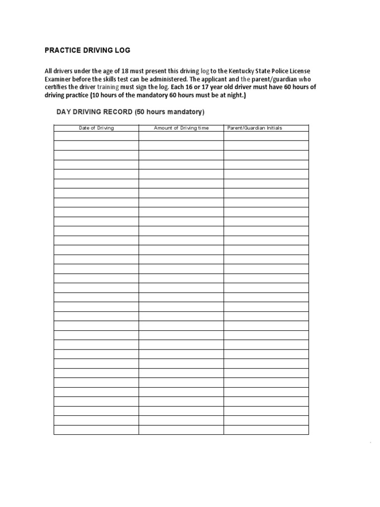 Kentucky Practice Driving Log Template | PDF