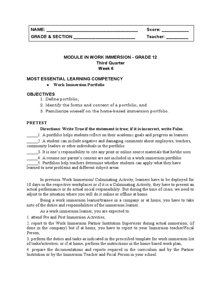 Work Immersion Module and Worksheet Week 6 | PDF | Résumé | Teachers