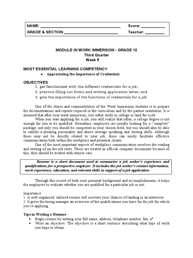 Work Immersion Module Week 5 | PDF | Résumé | Job Interview