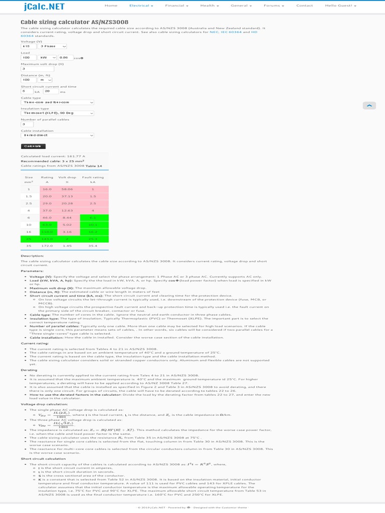 Cable Sizing Calculator AS - NZS3008 | PDF | Electrical Impedance ...
