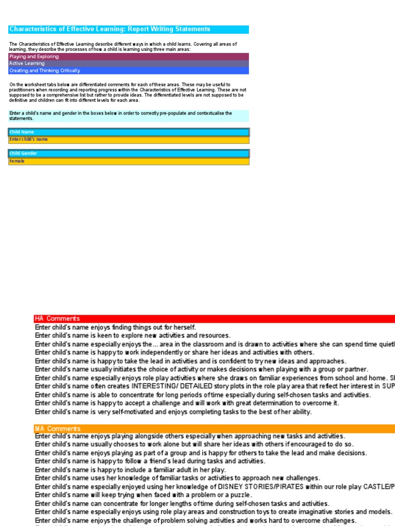 Report Writing Bank of Differentiated Statements EYFS Characteristics ...