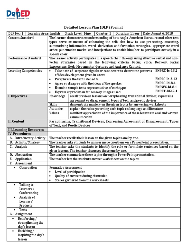 Detailed Lesson Plan (DLP) Format | PDF | Learning | Teachers